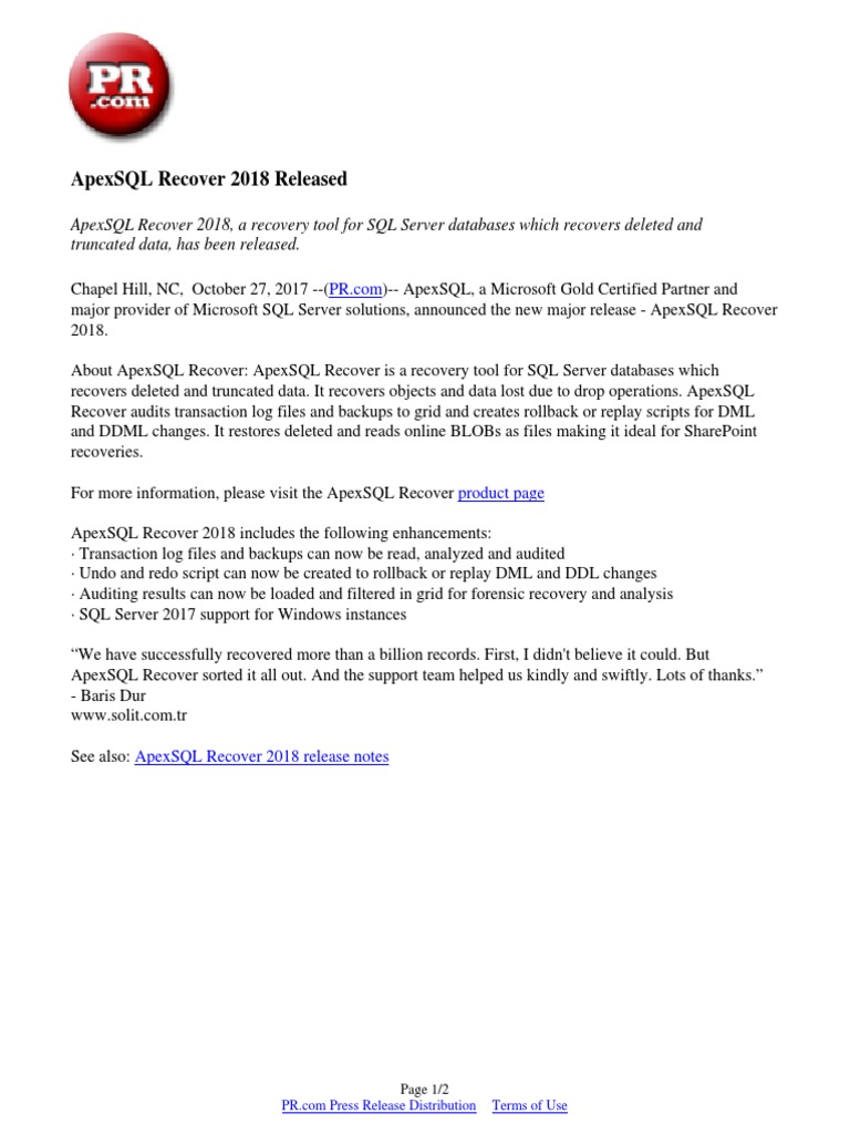 ApexSQL Recover 2018 Released | PDF | Microsoft Sql Server | Database Transaction