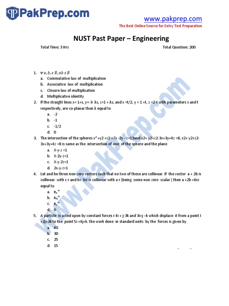 NUST Entry Test - Practice Test 4 | PDF | Rotation Around A Fixed Axis ...