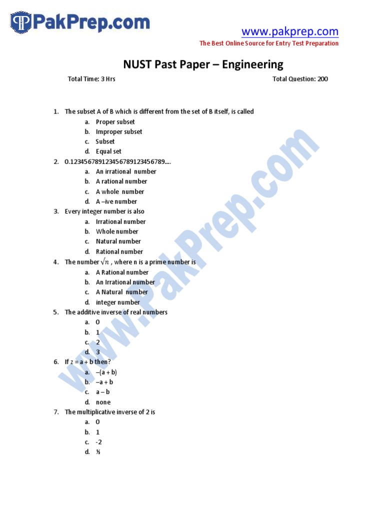 NUST Entry Test – Practice Test 1 | Function (Mathematics) | Velocity