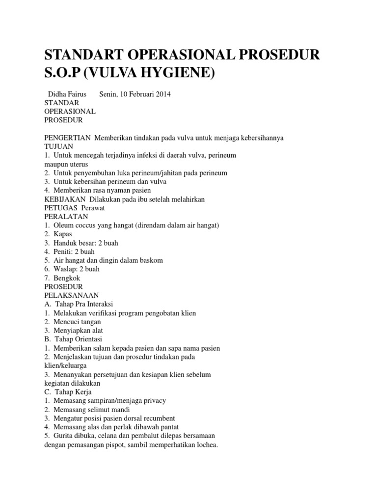 Sop Vulva Hygiene | PDF