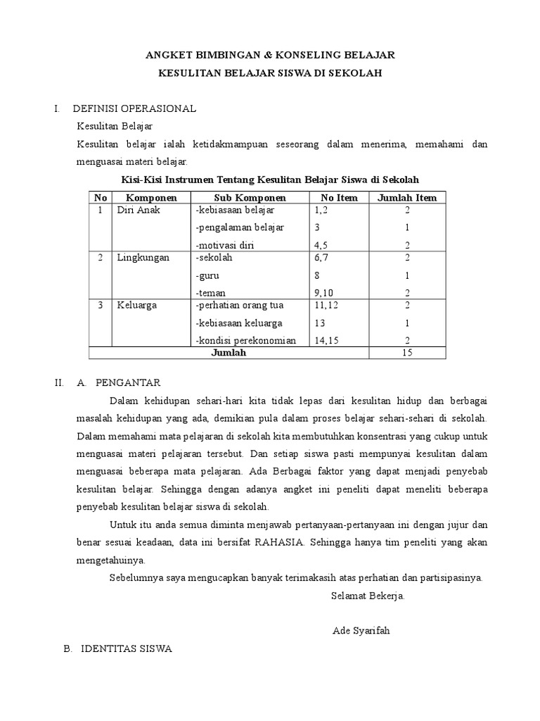 Angket Kesulitan Belajar Siswa | PDF | Karier & Perkembangan ...