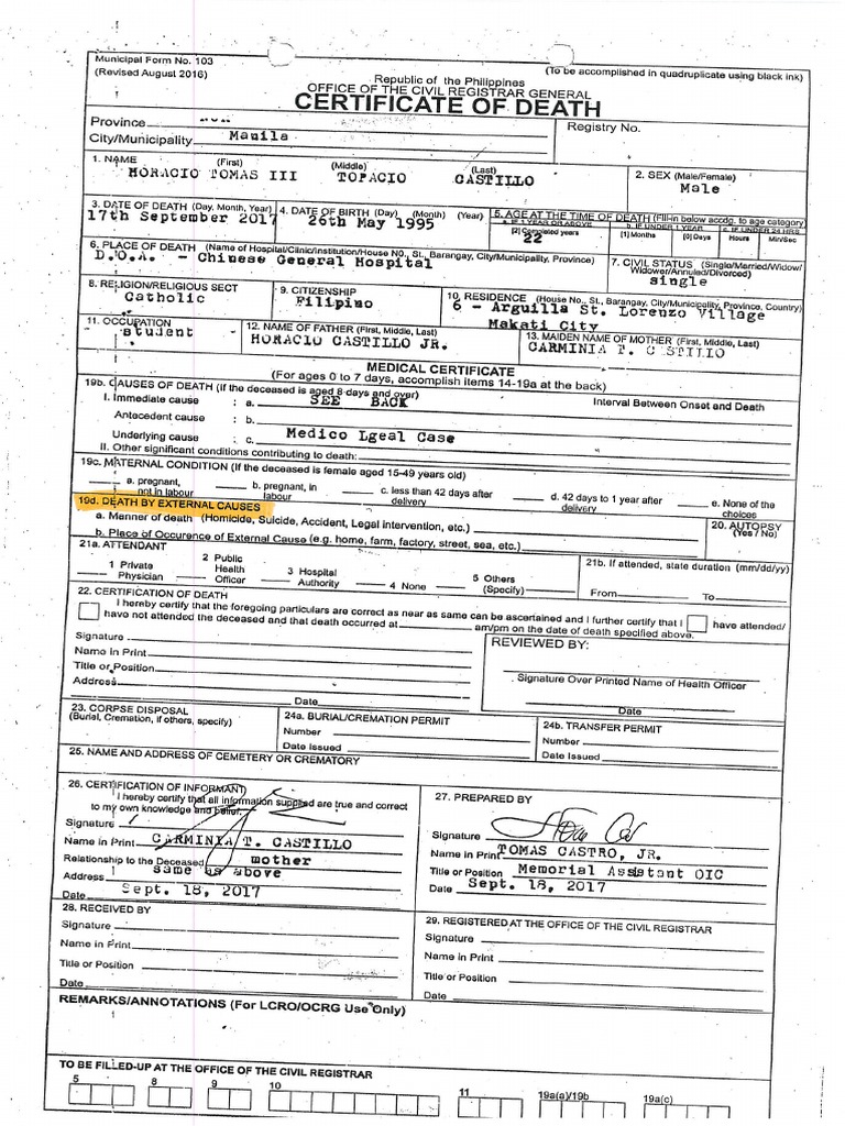 Death Certificate of Horacio Castillo III | PDF