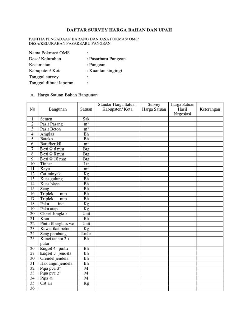 Daftar Survey Harga Bahan Dan Upah | PDF