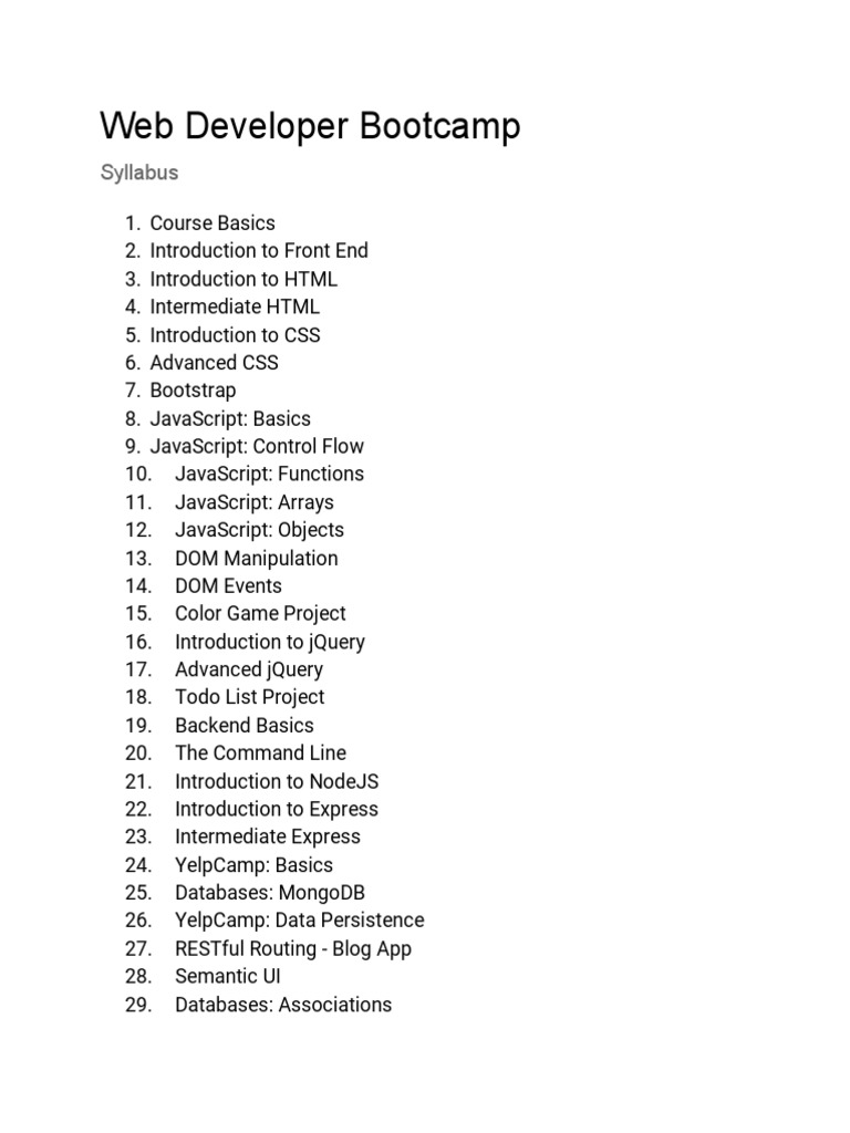 Web Developer Bootcamp: Syllabus | PDF | J Query | Java Script