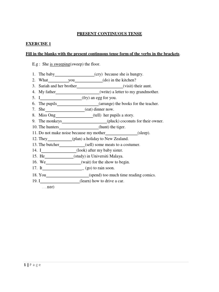 Present Continuous Tense Exercise 1 Fill in The Blanks With The Present ...