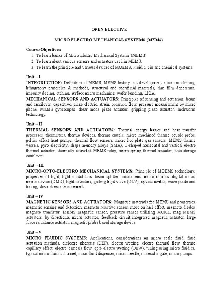 IV I Mech Mems (Open Elective-R13) | PDF | Microelectromechanical Systems | Actuator