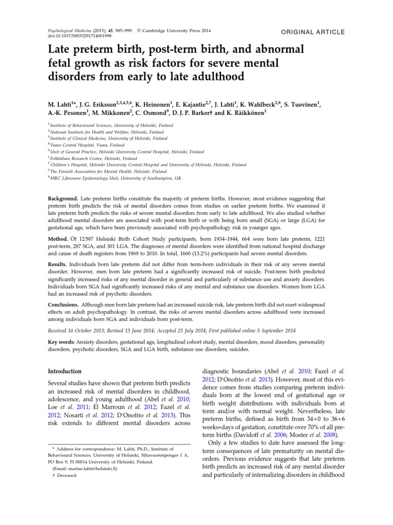 Late Preterm Birth, Post-Term Birth, and Abnormal Fetal Growth As Risk ...