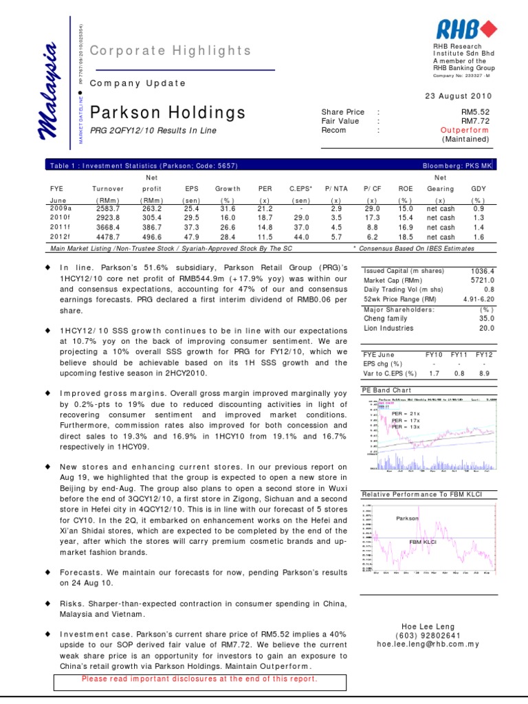 Parkson Holdings Berhad: PRG 2QFY12/10 Results in Line - 23/08/2010 ...