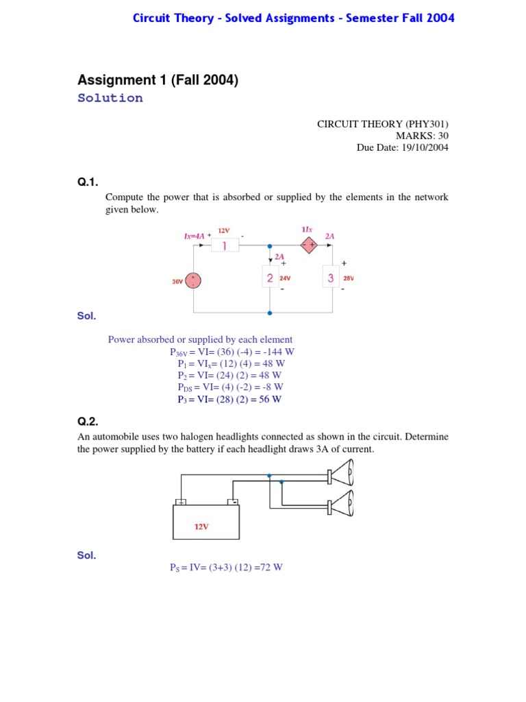 Circuit Theory Solved Assignments Semester Fall 2004 Network