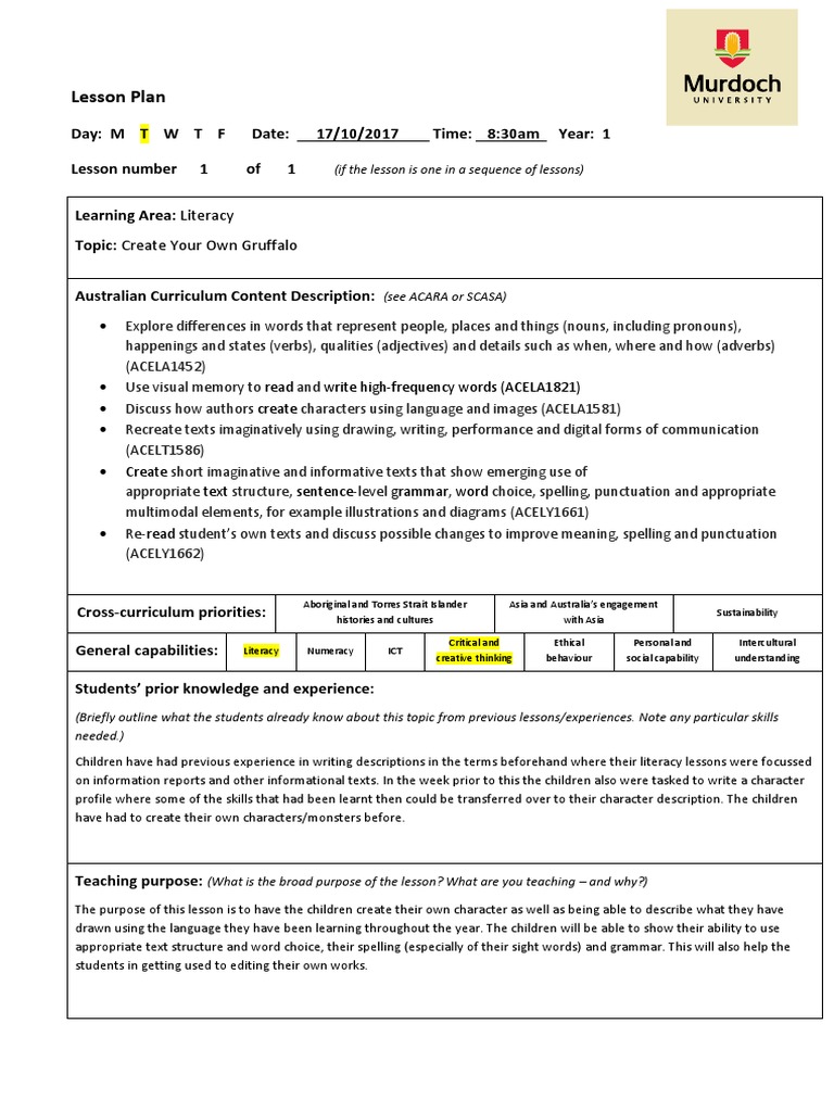 Create Your Own Gruffalo Lesson Plan | PDF | Educational Assessment ...