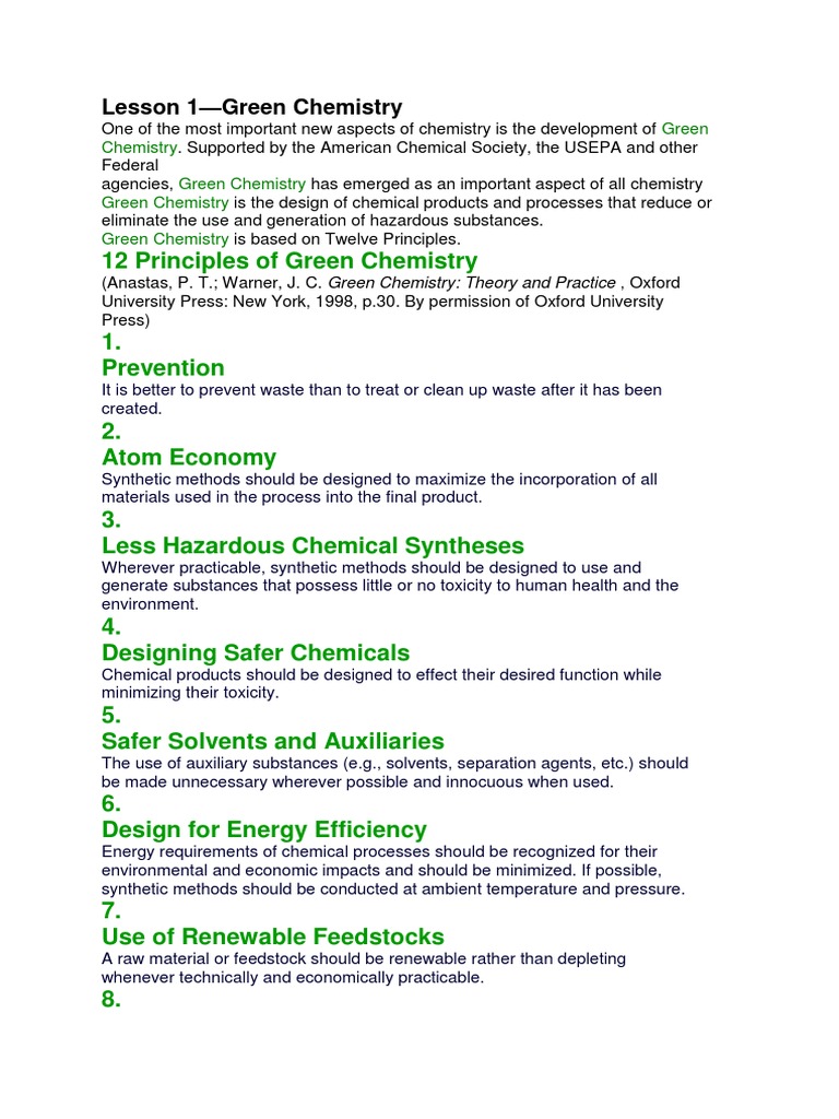 12 Principles of Green Chemistry | PDF | Green Chemistry | Chemistry