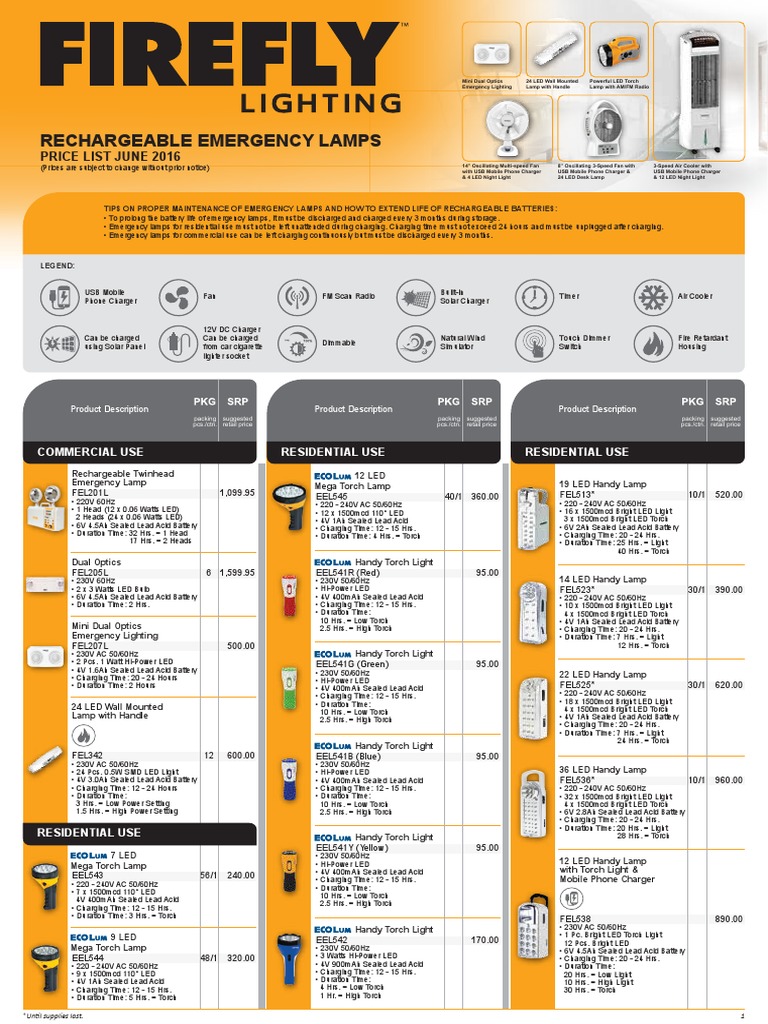 Firefly Emergency Lamps | PDF | Flashlight | Battery Charger