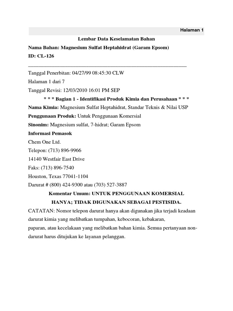 MSDS MgSO4.7H20 | PDF
