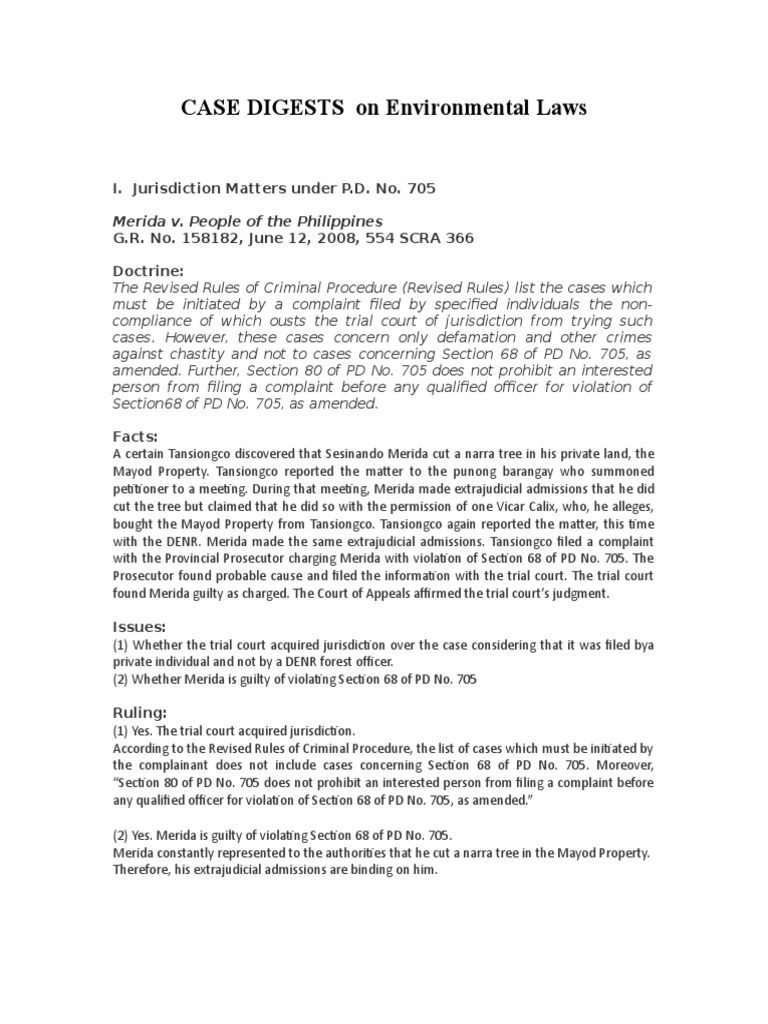 CASE DIGESTS On Environmental Laws | PDF | Crime & Violence | Crime Thriller