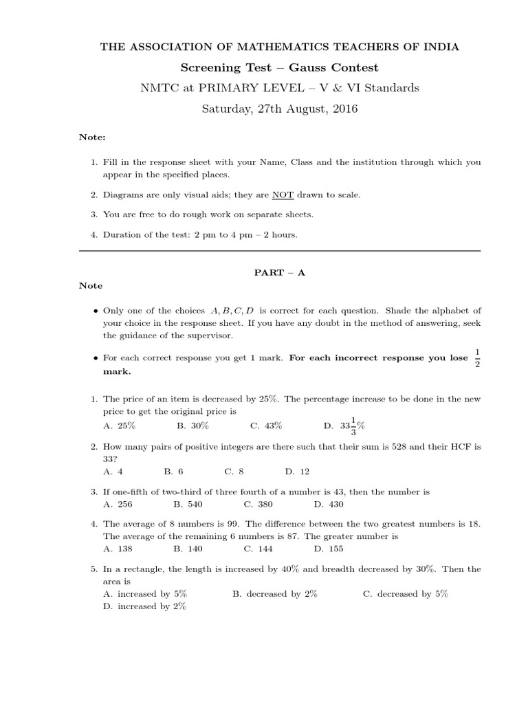 NMTC Test Papers Prelims All Levels 2016 | PDF | Circle | Quadratic ...