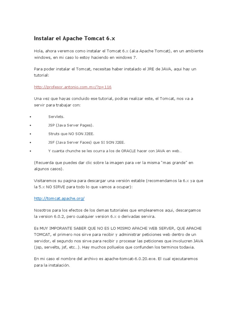 Instalar El Apache Tomcat 6 | PDF | Java (lenguaje de programación) | Java Enterprise Platform