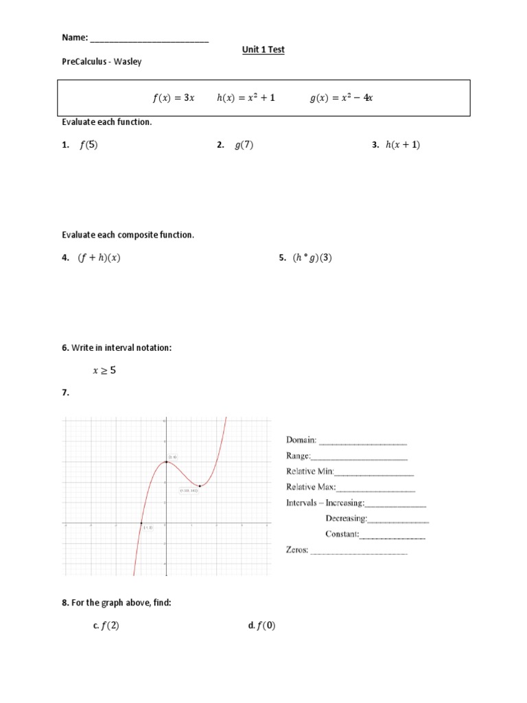 PreCalculus Unit 1 Test: Functions, Transformations, Conic Sections | PDF