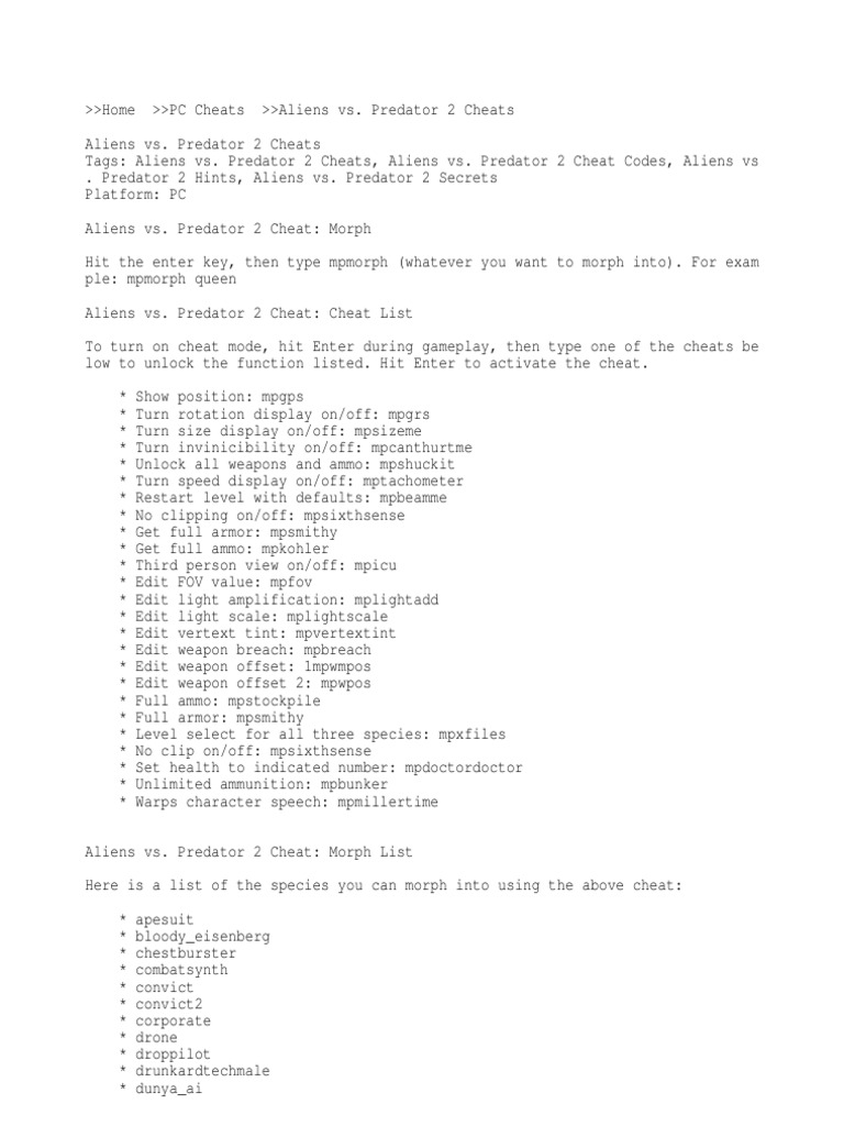 Alien Vs Predator Cheats | PDF | Cheating In Video Games | Ammunition
