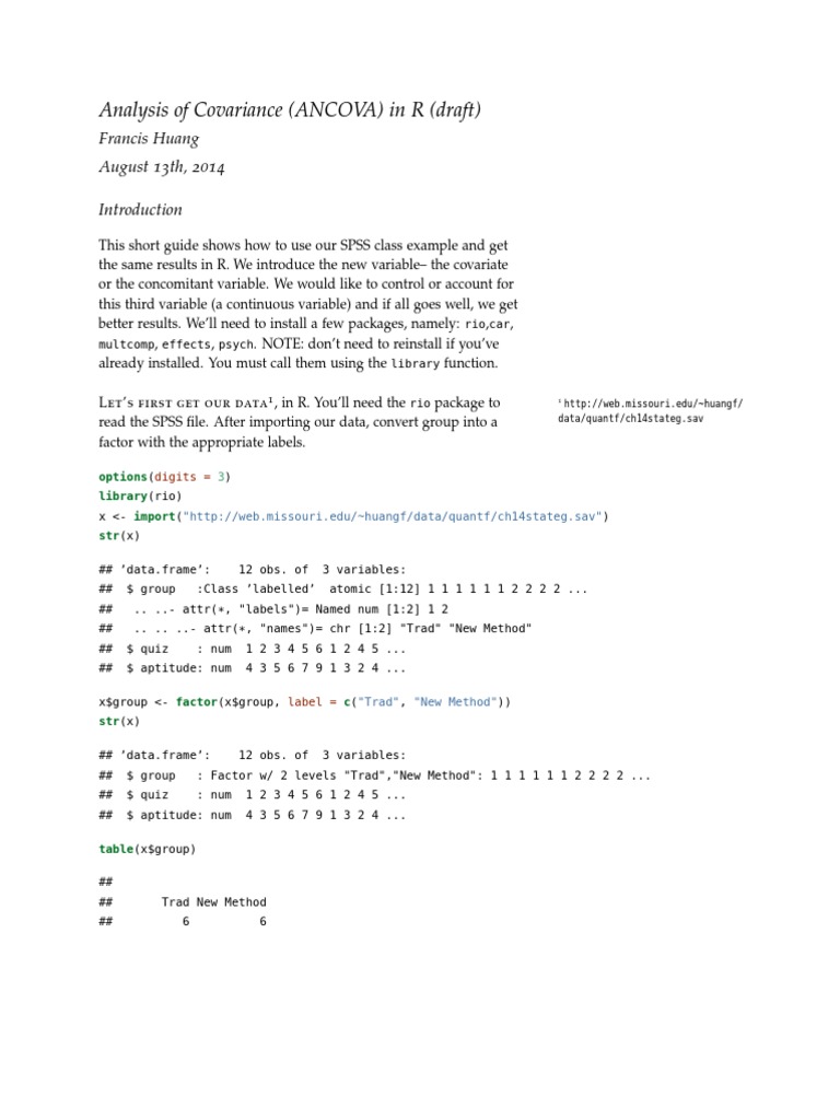 Ancova in R Handout | PDF | Analysis Of Covariance | Student's T Test
