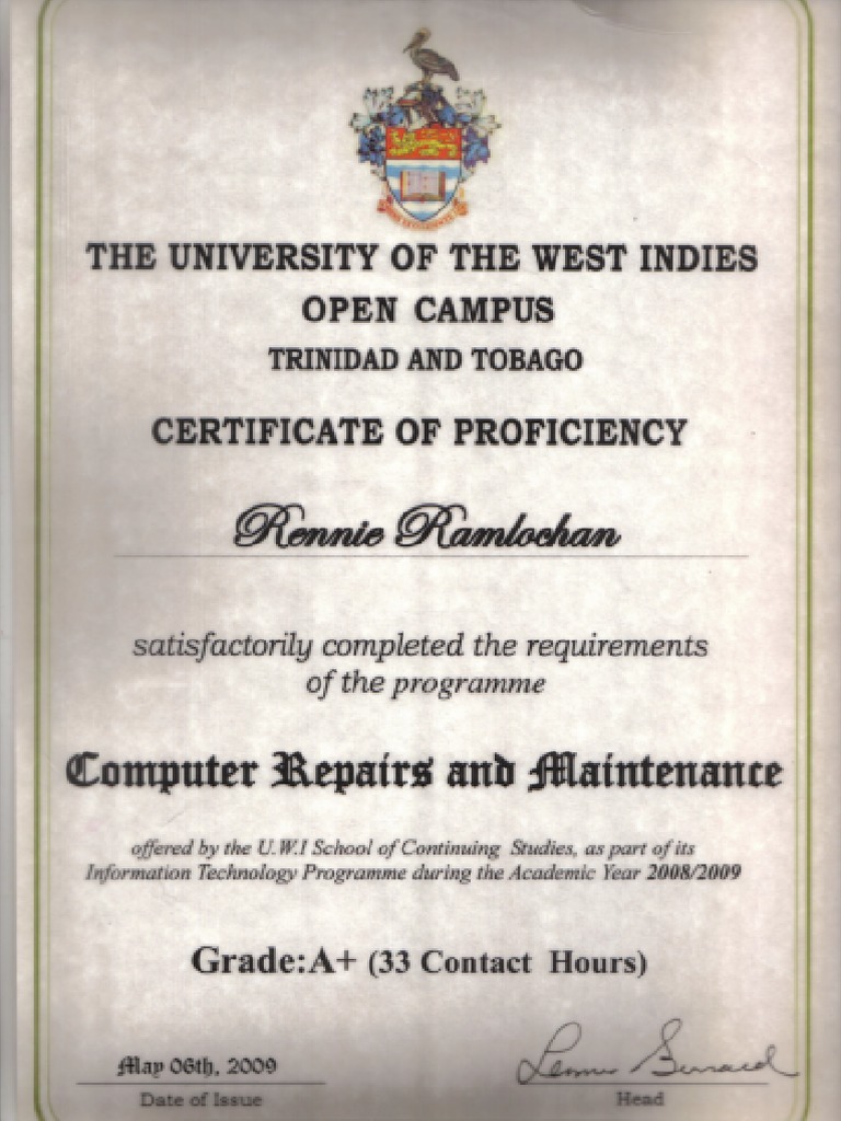 UWI Computer Repairs & Maintainence Certificate | PDF