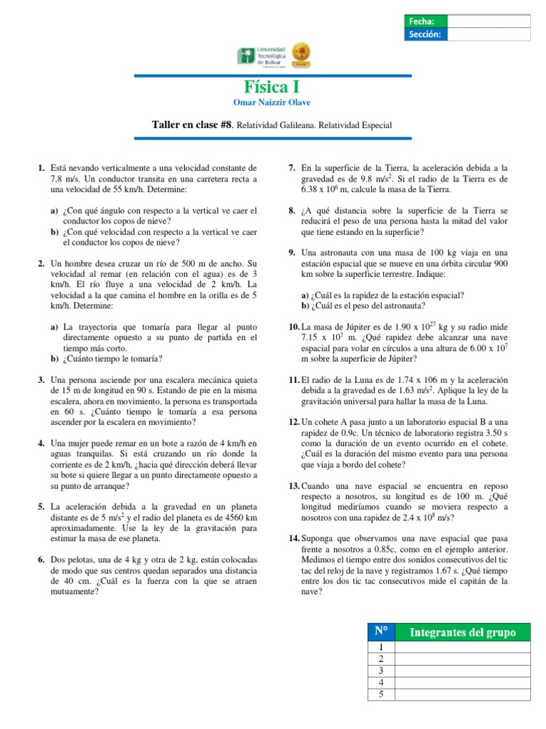 Taller Complementario #8. Relatividad Gravitación | PDF | Masa | Velocidad