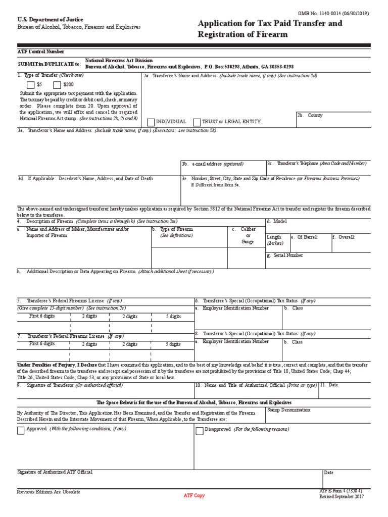 ATF Form 4 Firearm Transfer Application | PDF | Bureau Of Alcohol ...