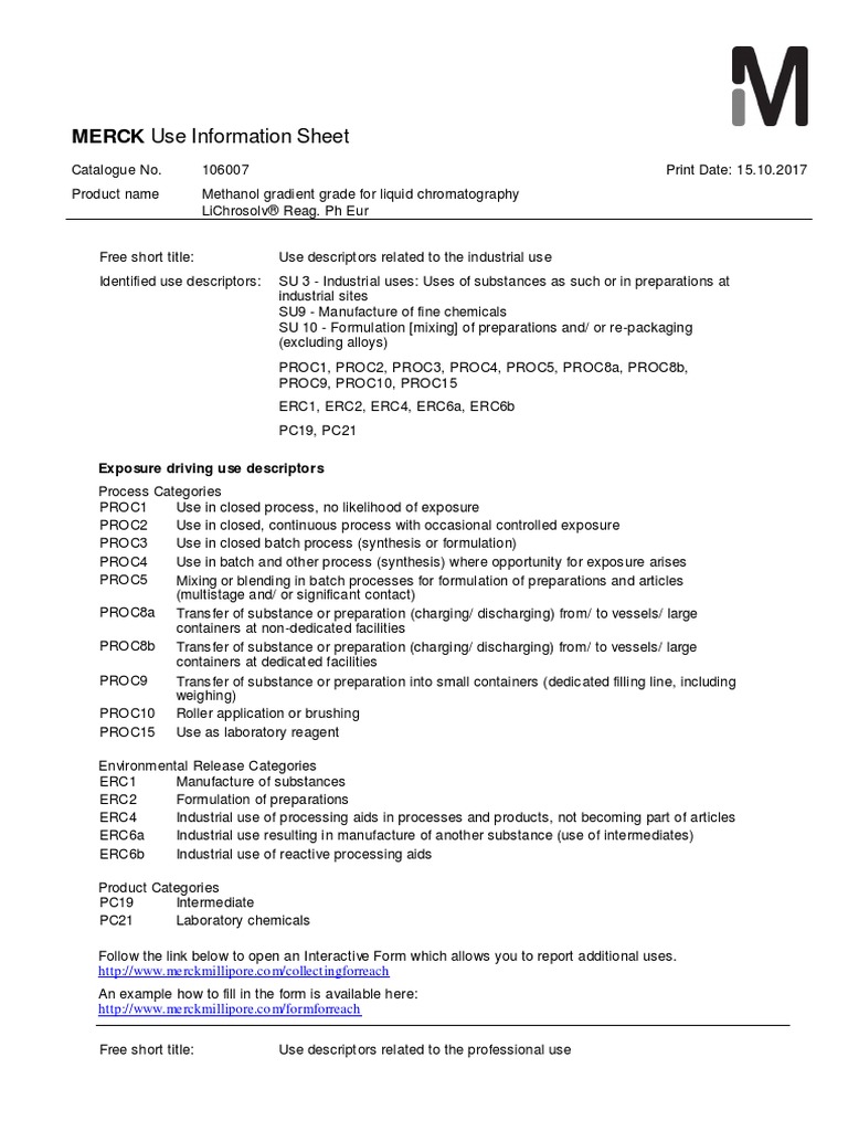 MERCK Use Information Sheet: Exposure Driving Use Descriptors | PDF ...