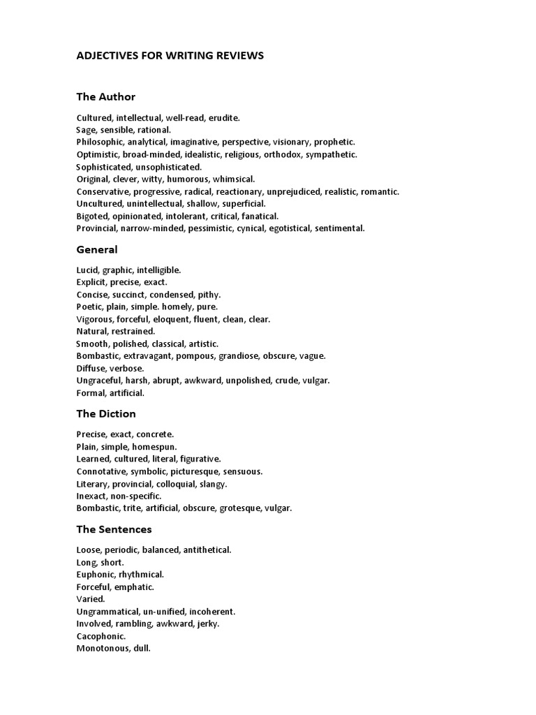 Review Writing Adjectives Guide | PDF | Art | Poetry