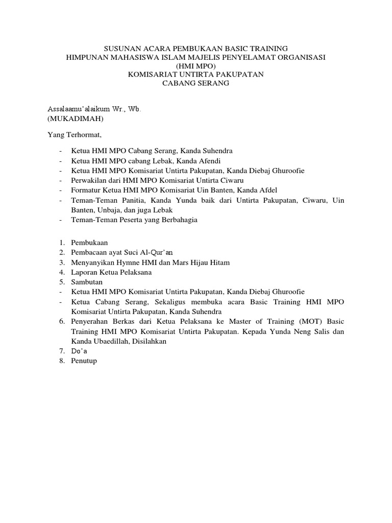 Susunan Acara Pembukaan Basic Trainin1 | PDF