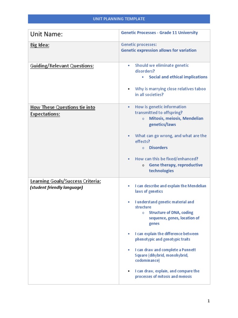 Grade 11 Genetics Unit Plan | PDF | Genetics | Gene