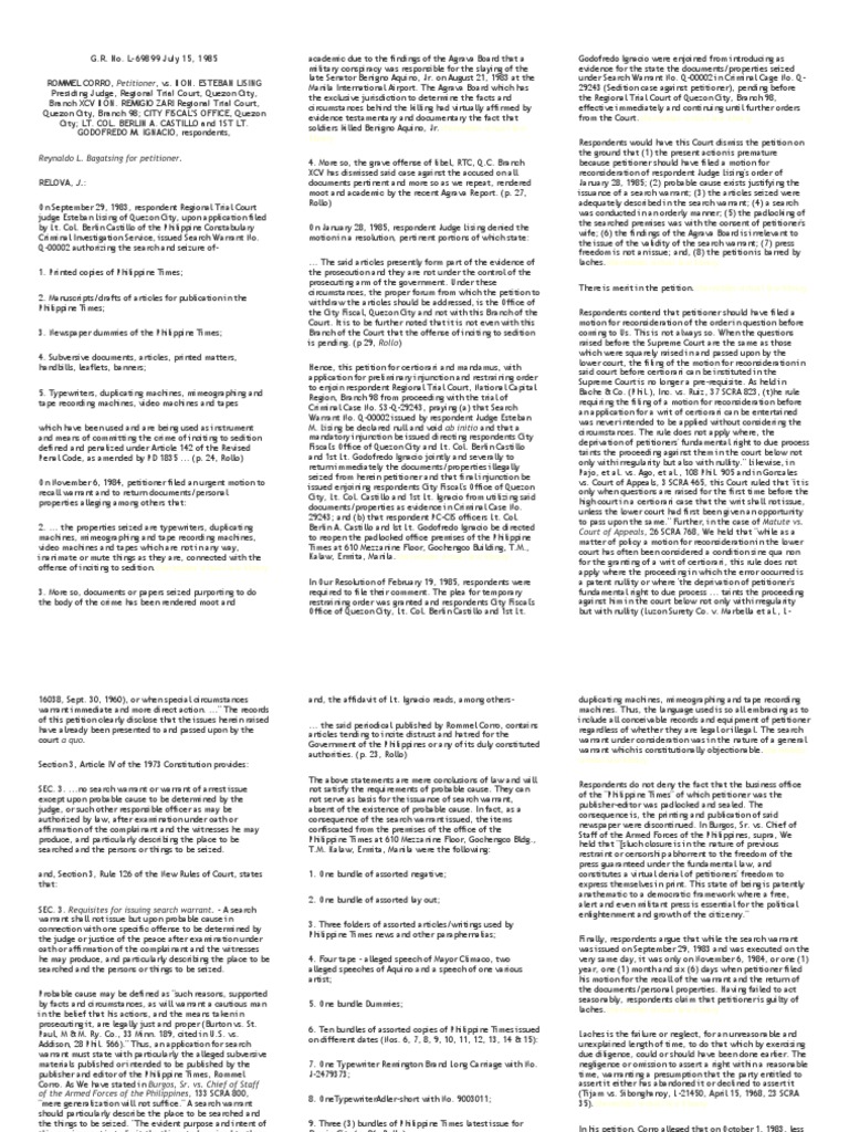 67 - Corro v. Lising, 137 SCRA 541 | PDF | Search And Seizure | Search Warrant