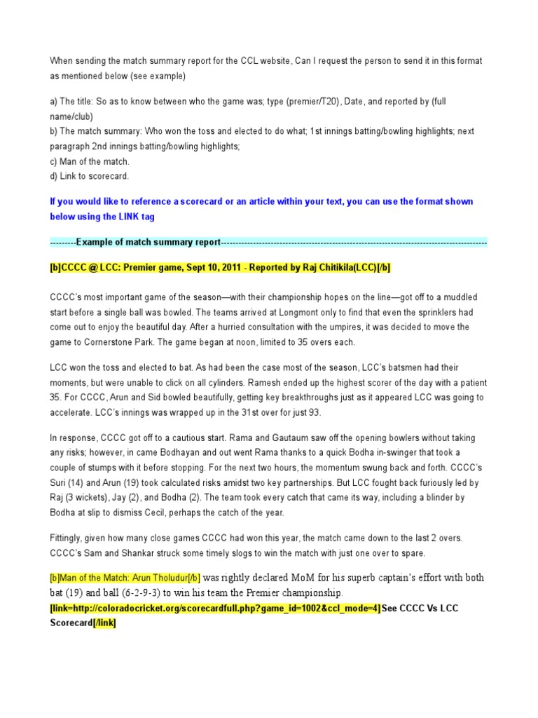 CCL Match Summary Report Format | PDF | Sports | Team Sports