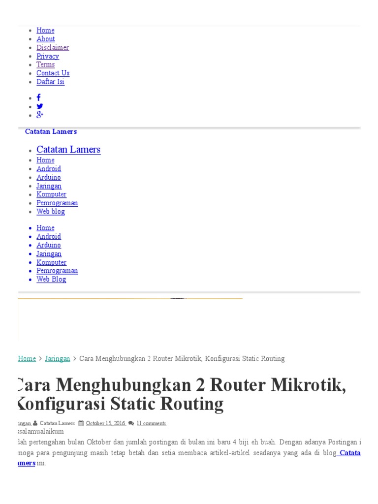 Cara Menghubungkan 2 Router Mikrotik, Konfigurasi Static Routing - Catatan Lamers | PDF