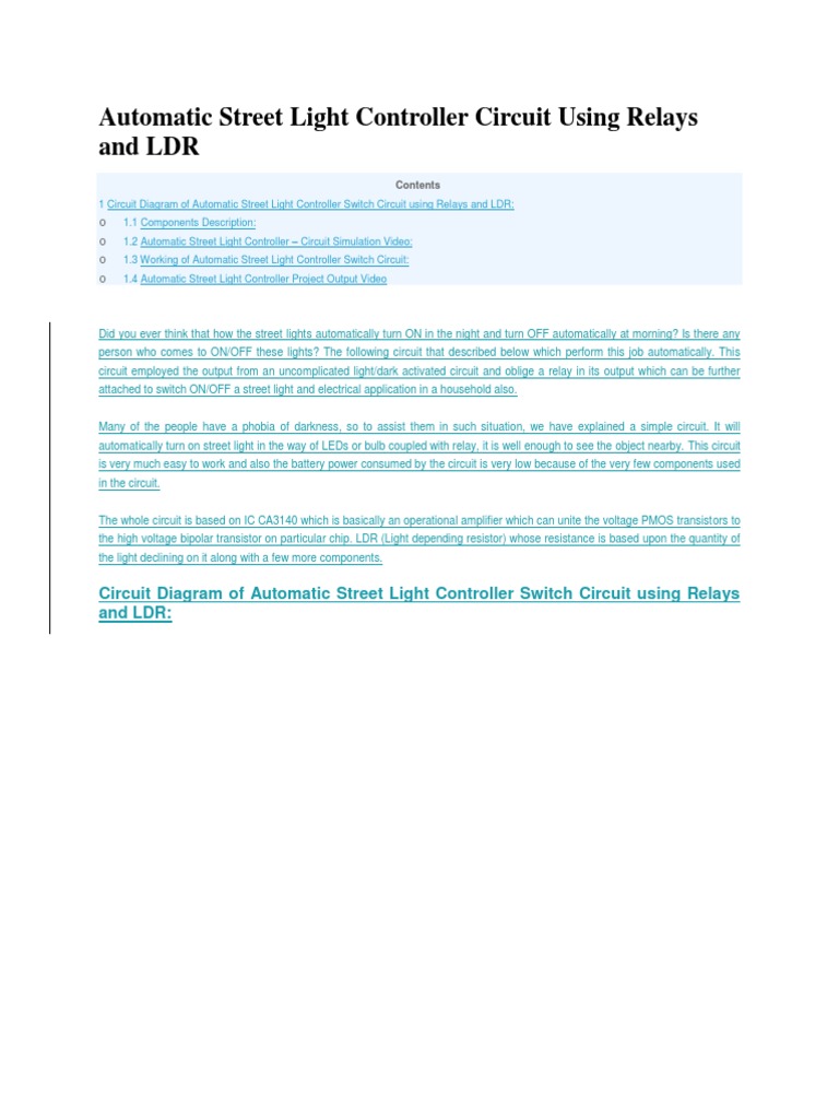Automatic Street Light Controller Circuit Using Relays and LDR | PDF ...
