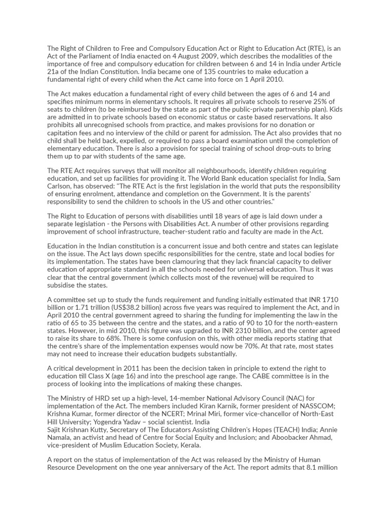The Right of Children To Free and Compulsory Education Act or Right To ...
