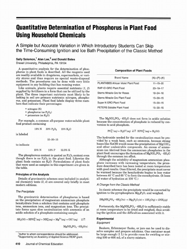 Quantitative Determination of Phosphorus in Plant Food Using Household ...