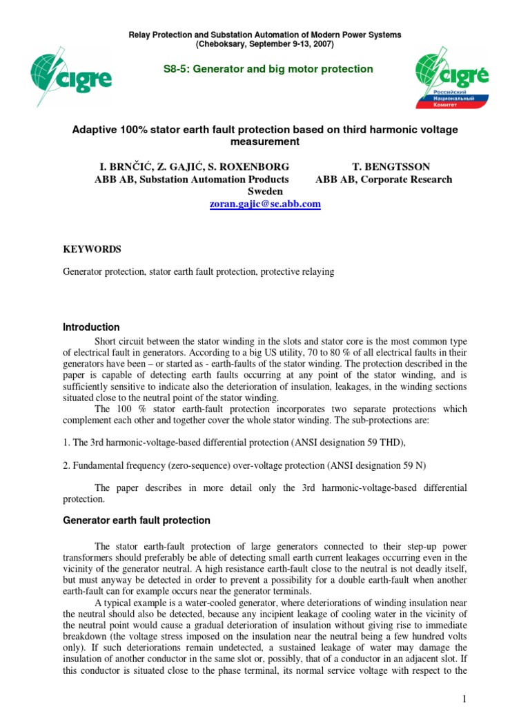 Adaptive 100 Stator Earth Fault Protection CIGRE Paper | PDF ...