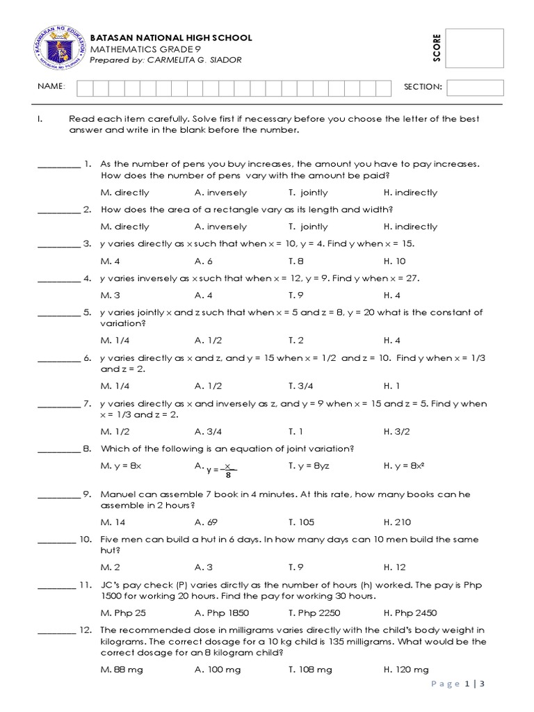 Mathematics Test Paper Grade 9 | PDF | Dose (Biochemistry) | Chemistry