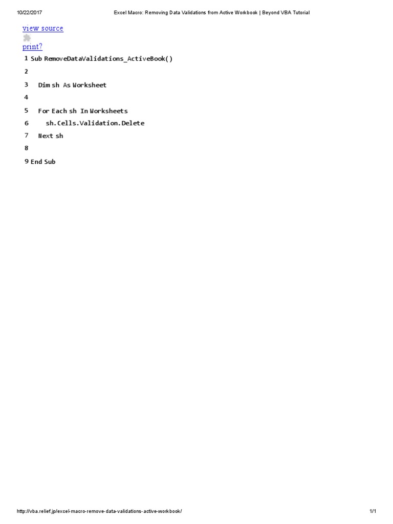 Excel Macro Removing Data Validations From Active Workbook Beyond Vba Tutorial Pdf