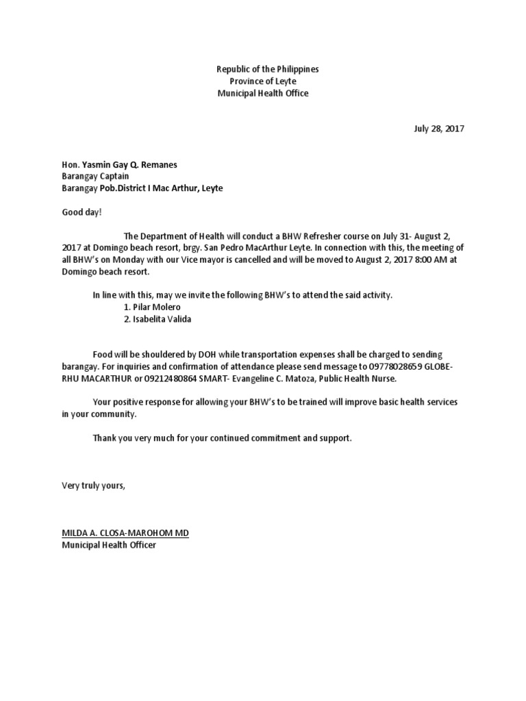 Communication Letter BHW Refresher Course | PDF | Douglas Mac Arthur ...