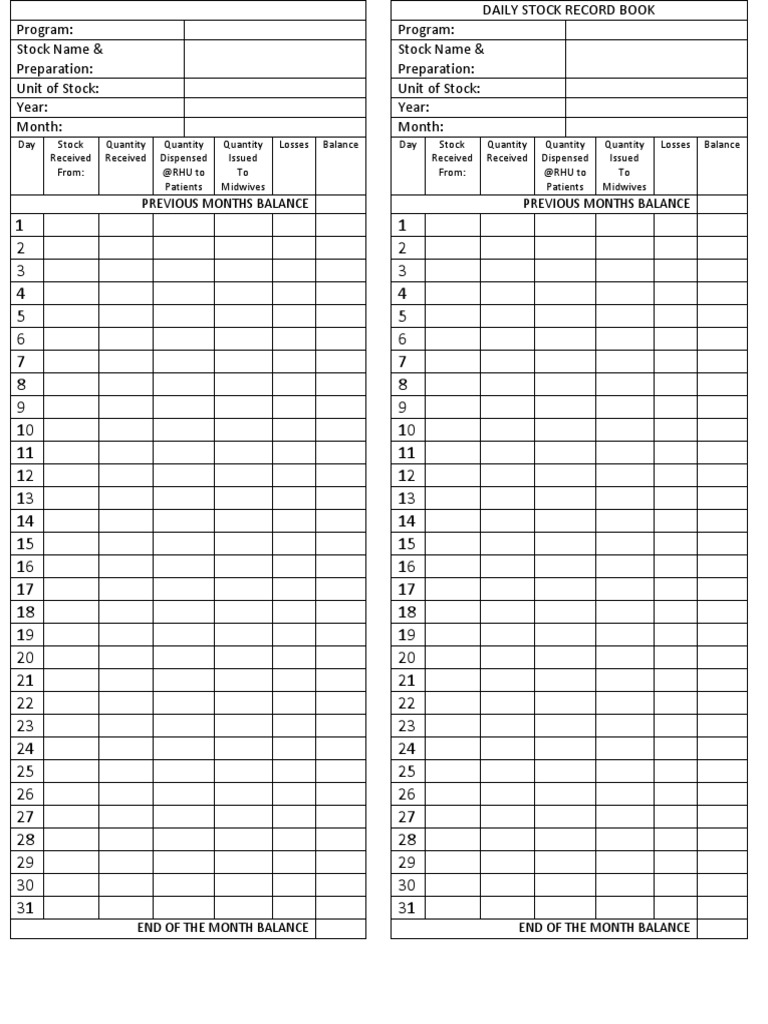 Daily Stock Record Book Template | PDF