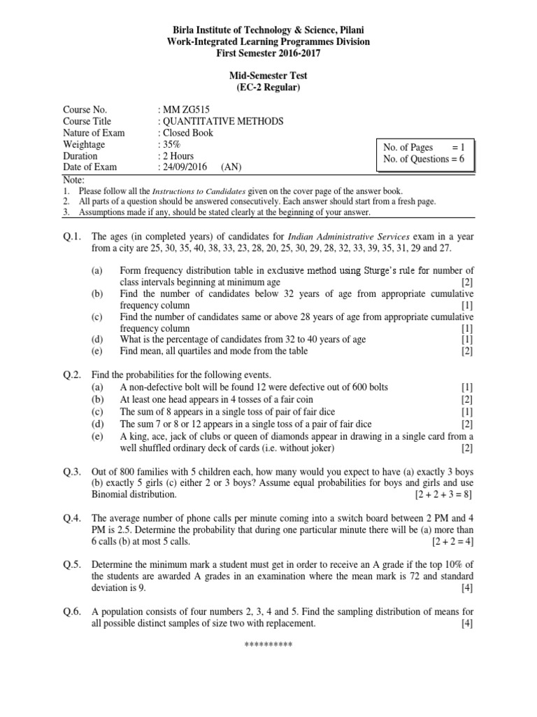 Mid Sem Paper | PDF | Mean | Test (Assessment)