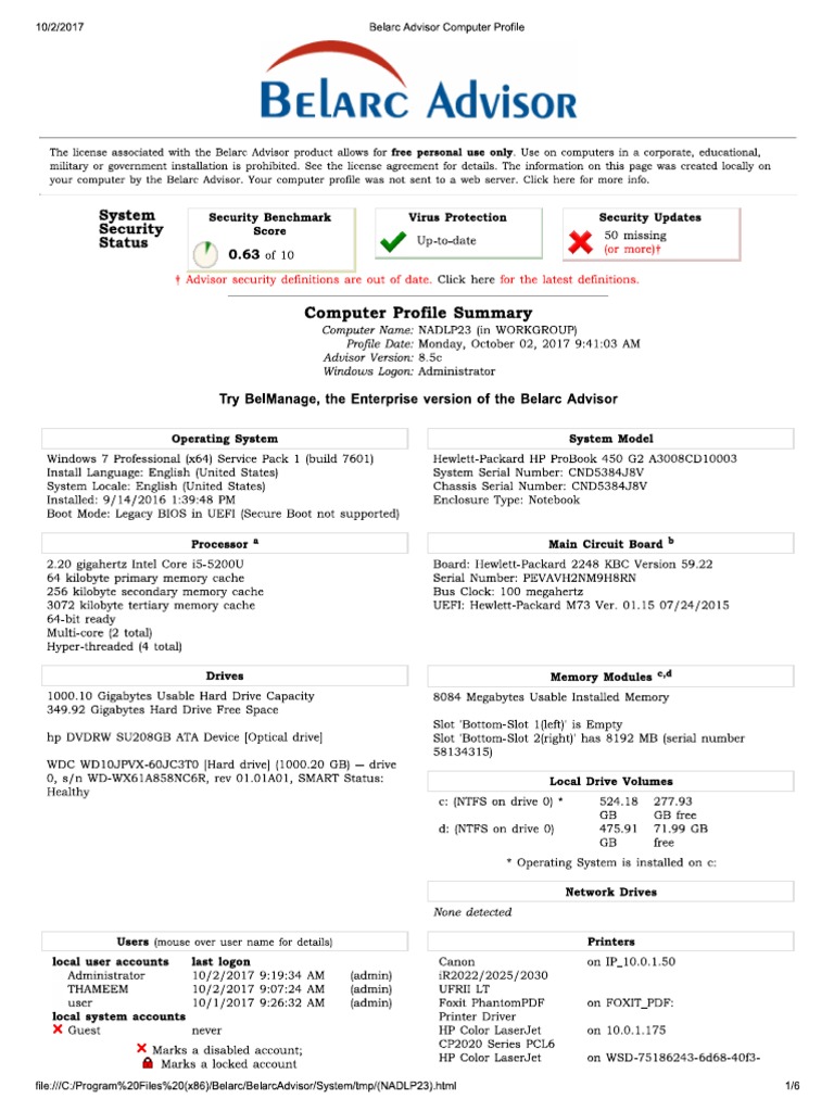 Belarc Advisor Computer Profile | PDF