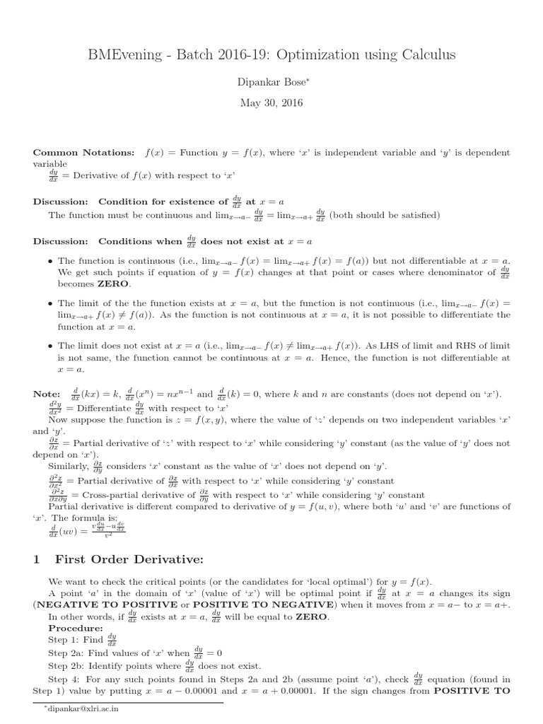 Bmevening - Batch 2016-19: Optimization Using Calculus: Dipankar Bose May 30, 2016 | PDF ...