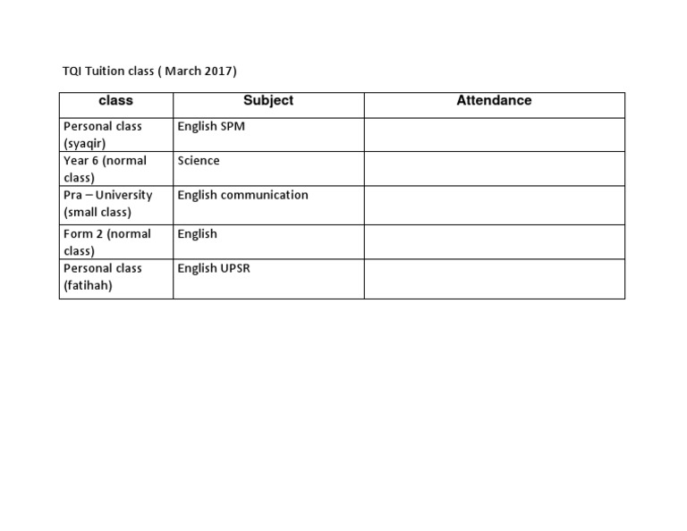 TQI Tuition Class Attendance | PDF