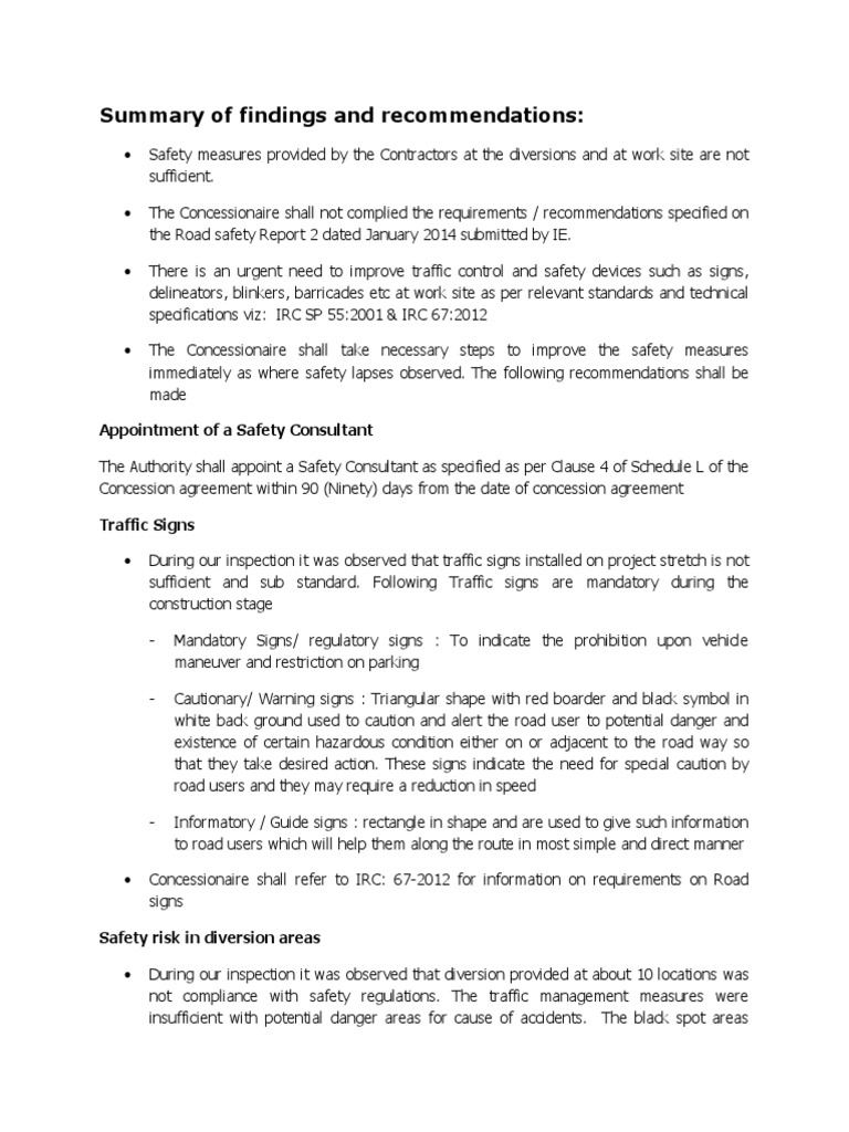 Summary of Findings and Recommendations:: Appointment of A Safety ...