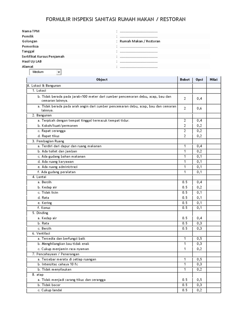Formulir Inspeksi Sanitasi Rumah Makan | PDF
