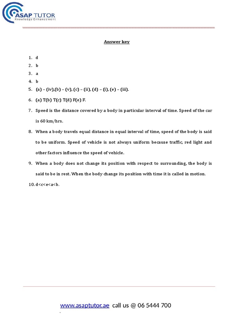 Motion Answer Key | PDF