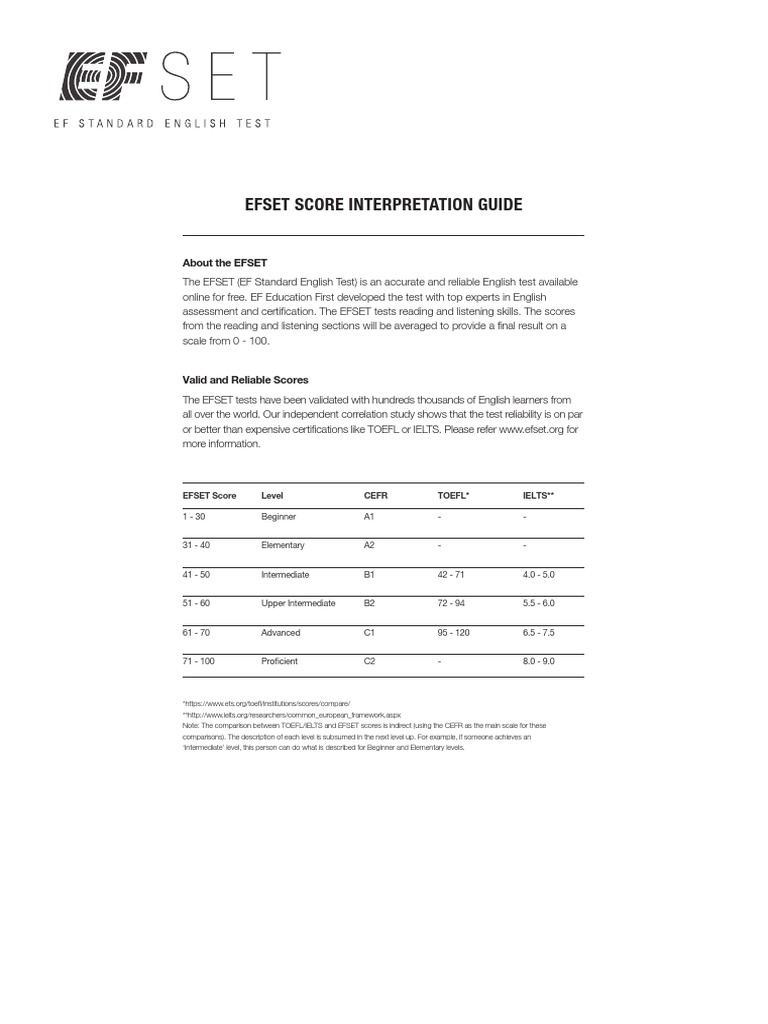 EFSET Score Interpretation Guide PDF | PDF