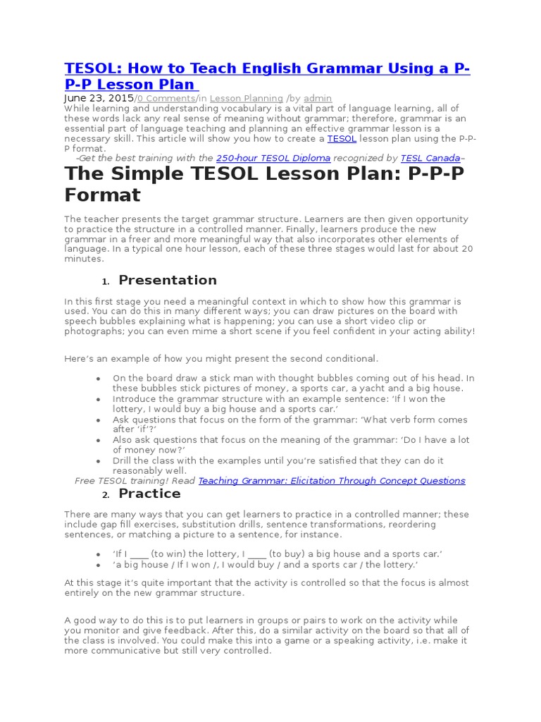 The Simple TESOL Lesson Plan: P-P-P Format | PDF | English As A Second ...